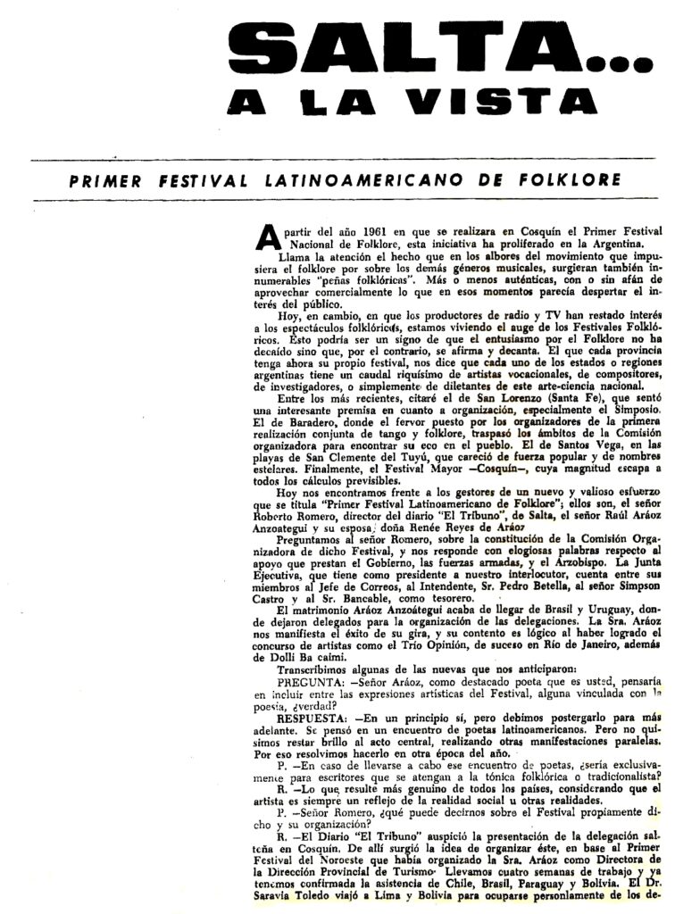 Primer Festival Latinoamericano de Folklore en Salta – Revista Folklore